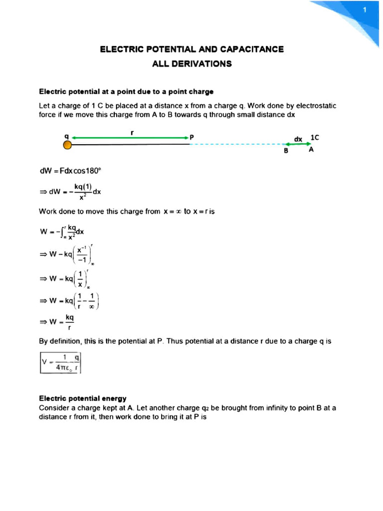 Electric Potential and Capacitance All Derivations | PDF | Potential ...