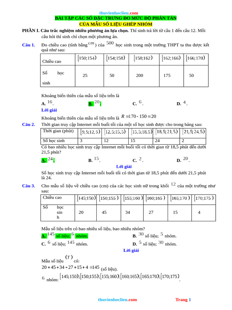 Bai Tap Cac So Dac Trung Do Mau So Lieu Ghep Nhom LOP 12 | PDF