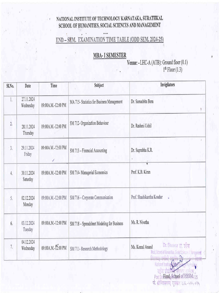 MBA 1 Yr End Even Sem Exam Time Table 2024-25. - Rotated | PDF
