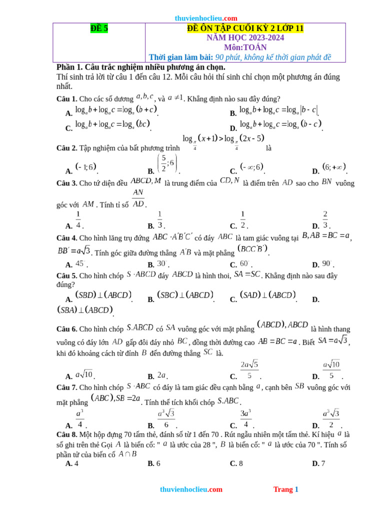 De On Thi HK2 Toan 11 KNTT de 5 Hay | PDF
