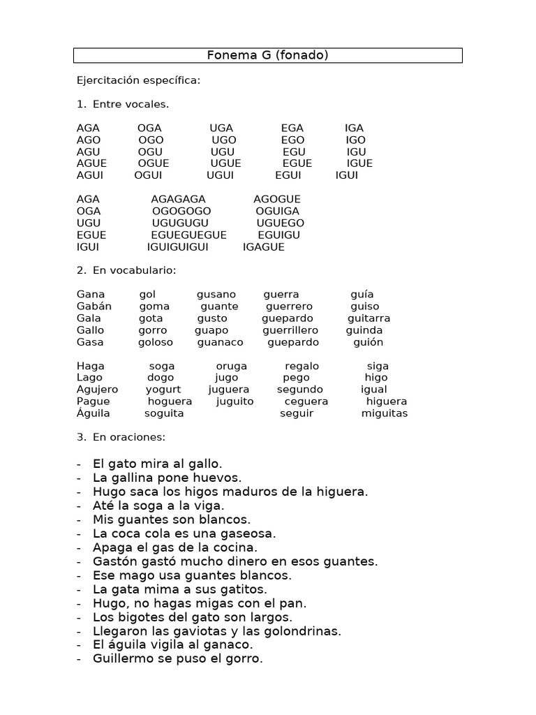 Ejercicios de Fonema G: Vocabulario y Oraciones | PDF