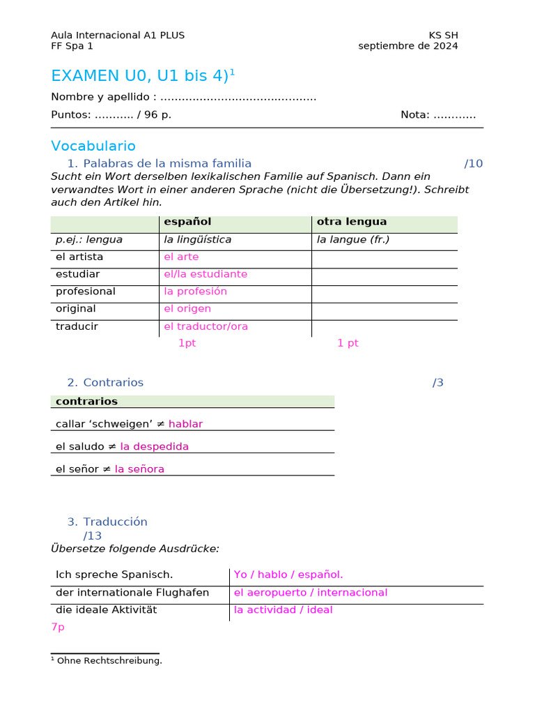 Examen - U0 - Parte U1 - Aula Int. A1 - FF1 - SOL | PDF | Lingüística