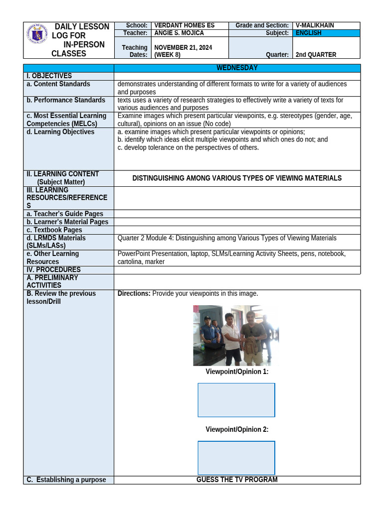 Mojica - Co-English5 (Nov 21,2024) Mam Rovyn | PDF | Multimedia | Television