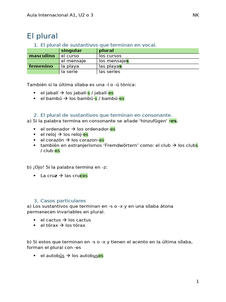Reglas del Plural en Español | PDF