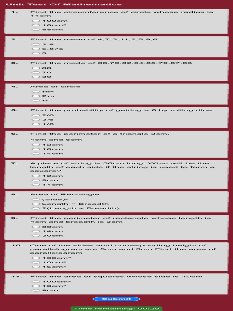 Mathematics Unit Test Questions | PDF