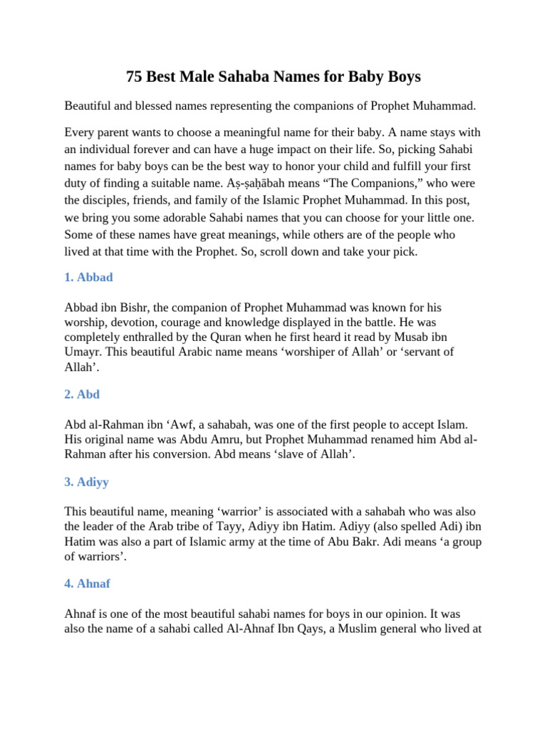 75 Male Sahaba Names for Boys | PDF | Muhammad | Umar