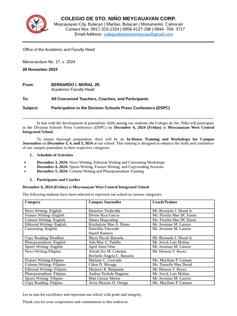 Memo 17 - Participation in DSPC | PDF