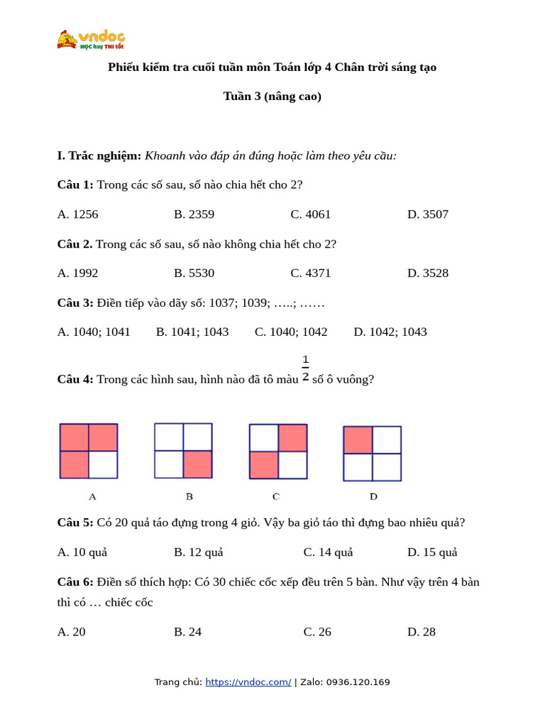 Phieu Kiem Tra Cuoi Tuan 3 Mon Toan Lop 4 CTST | PDF