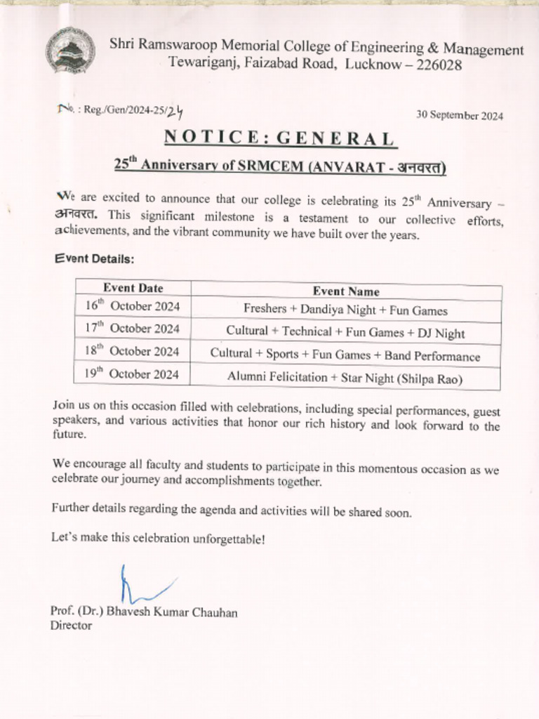 Notice-25 Anniversary of SRMCEM ANVARAT | PDF