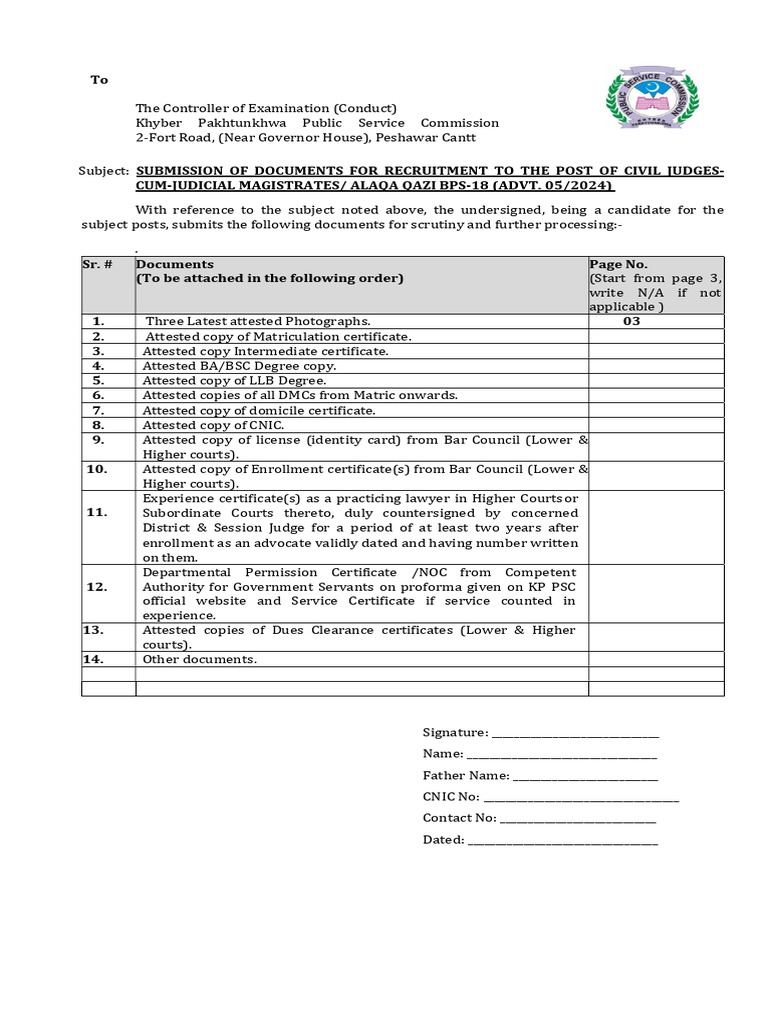 Documents Submission Proforma For CJ 05 2024 | PDF | Qualifications ...