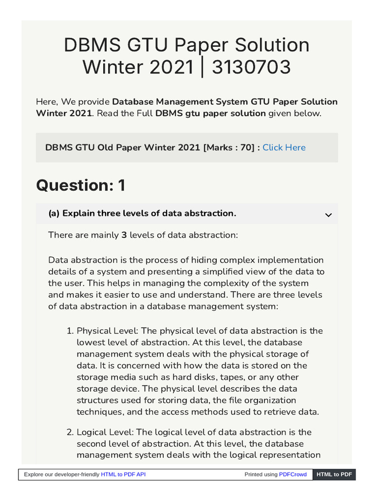 Gtustudy in Dbms Gtu Paper Solution Winter 2021 | PDF | Databases | Abstraction (Computer Science)