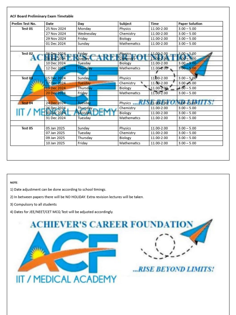 ACF Preliminary Exam Timetable 12th | PDF