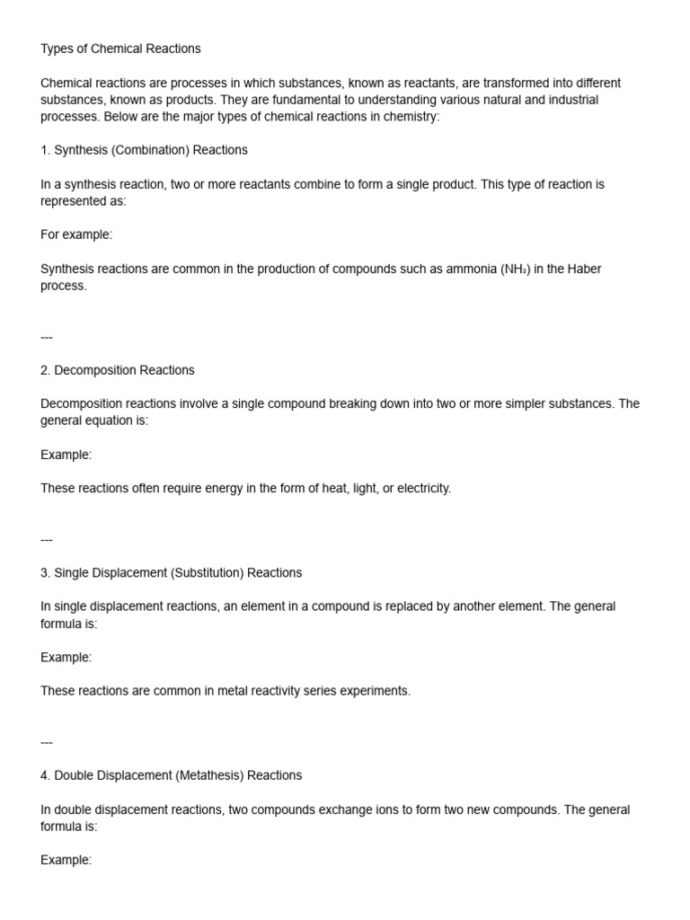 Major Types of Chemical Reactions | PDF | Chemical Reactions | Redox