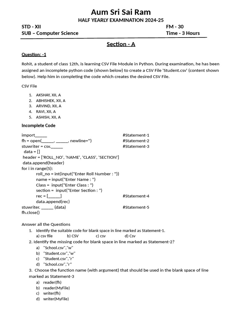 Half Yearly Xii Practical Examination 2024-25 | PDF | Computer Programming | Computing