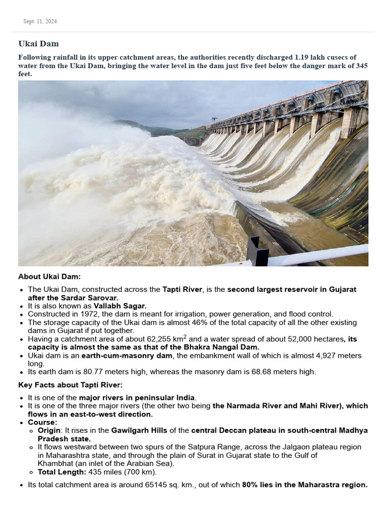 Tapi Rver & GJ - Ukai Dam (Aka. Vallabh Sarovar) - (Sept'2024) | PDF