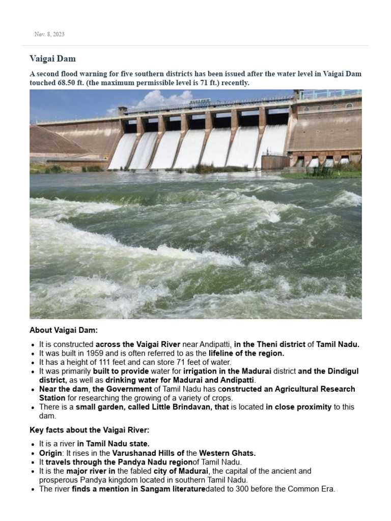 Vaigai Dam Overview and Flood Warning | PDF