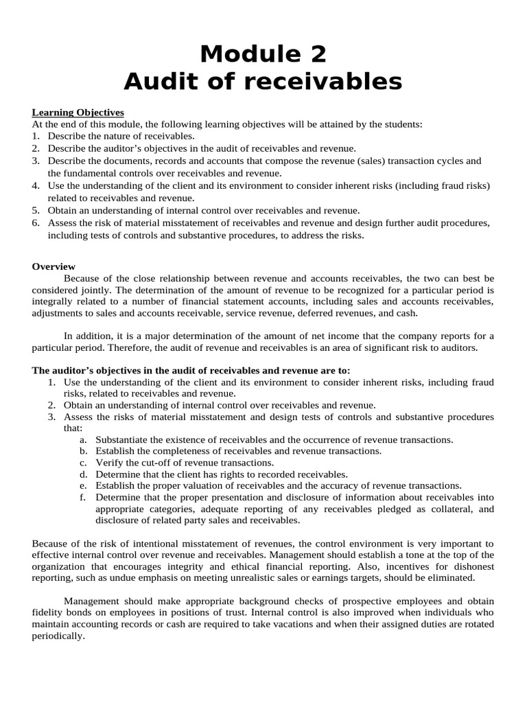 Audit of Receivables and Revenue Controls | PDF | Audit | Internal Control