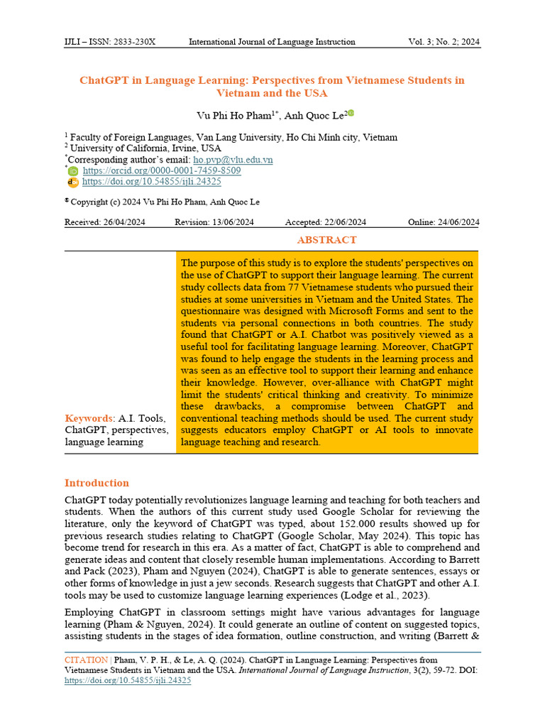 ChatGPT in Language Learning Perspectives From Vietnamese Students in ...