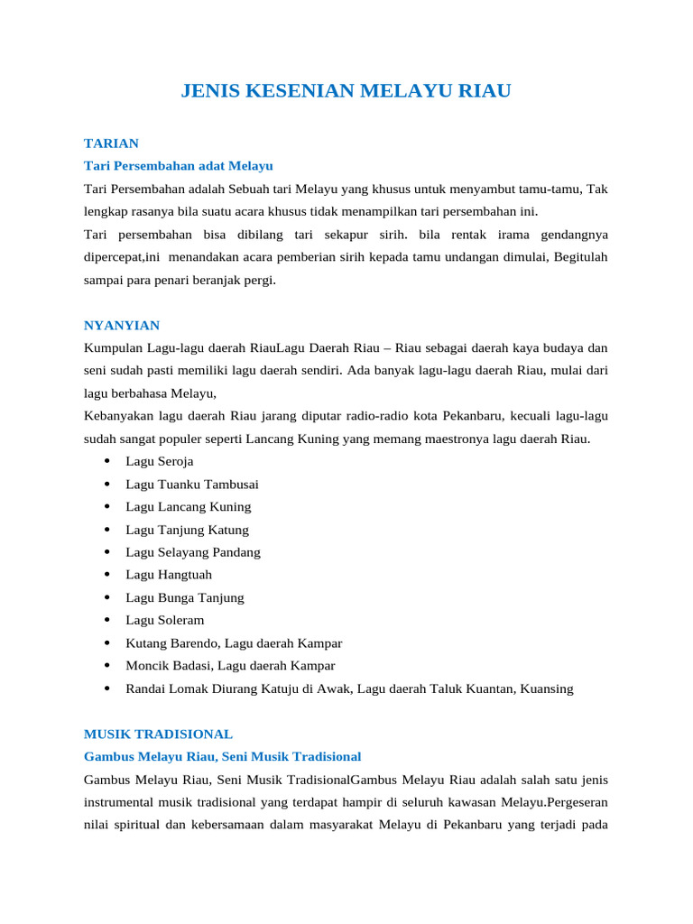 Jenis Kesenian Melayu Riau | PDF