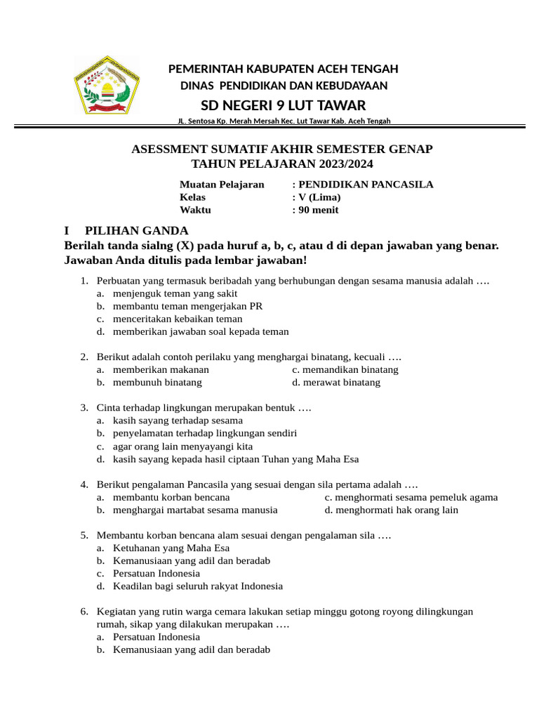 SOAL P.PANCASILA KELAS 5 | PDF