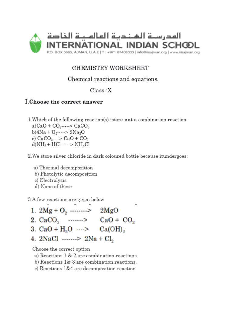 G10-CHEMICAL REACTIONS AND EQUATIONS-Worksheet | PDF | Chemical ...