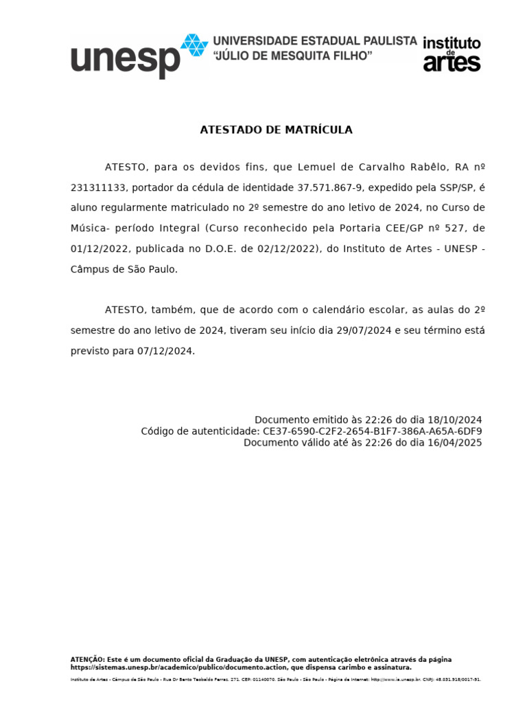 Atestado de Matrícula UNESP 2024 | PDF
