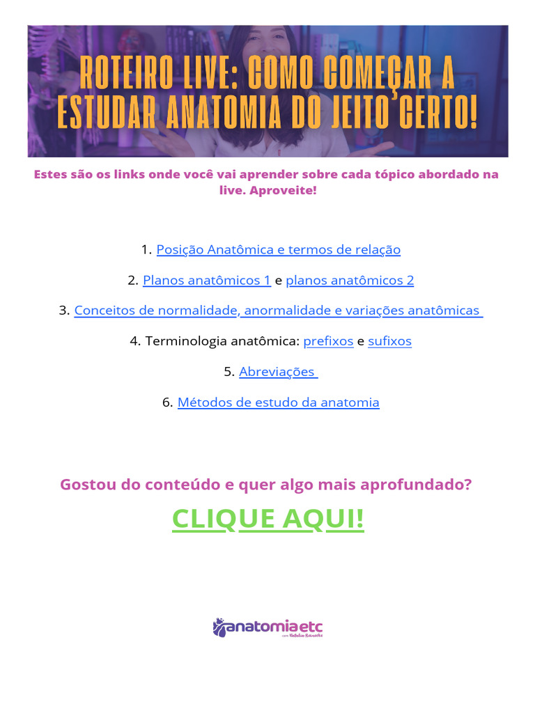 ROTEIRO LIVE COMO ESTUDAR ANATOMIA (Anatomia Etc) | PDF