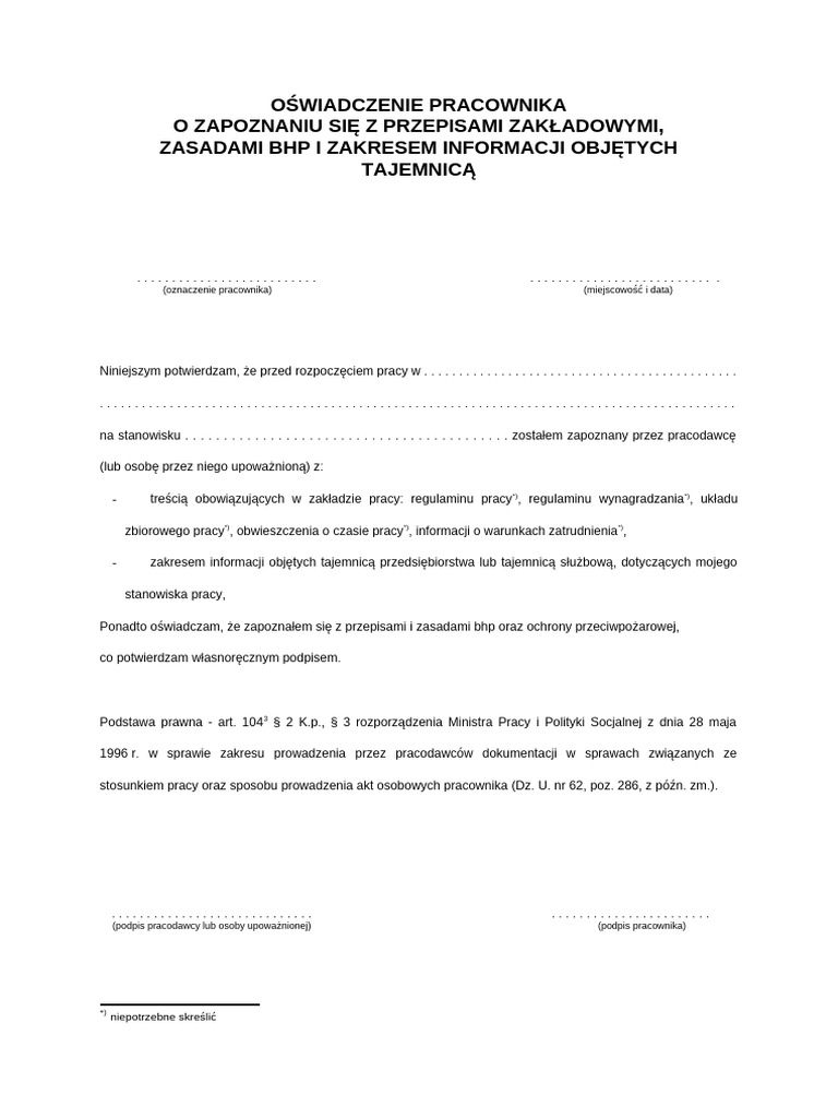 Oswiadczenie Pracownika o Zapoznaniu Sie Z Przepisami Zakladowymi Zasadami BHP I Zakresem ...