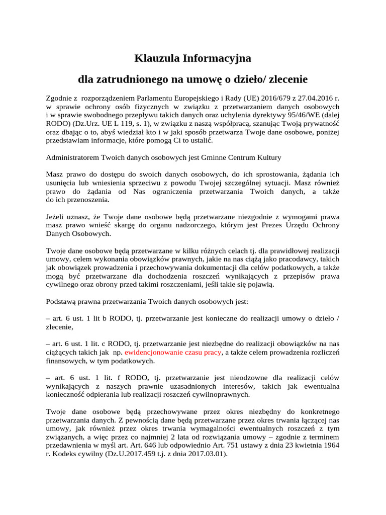 Klauzula Informacyjna Dla Pracownika o Dzieło Zlecenie | PDF
