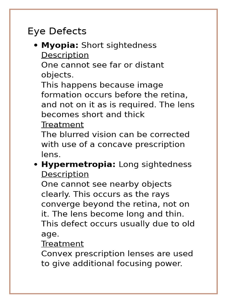 Eye Defects (Myopia, Hypermetropia and Cataract) | PDF