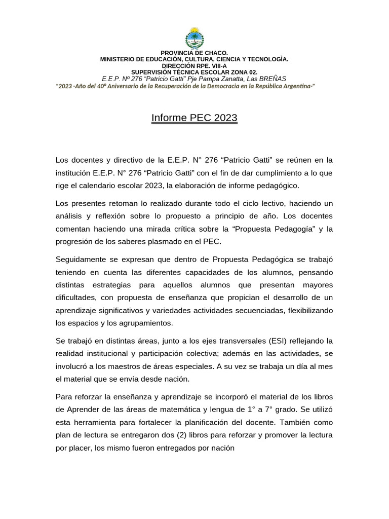 Informe Final Del Pec 2023 | PDF | Enseñando | Educación de la primera infancia