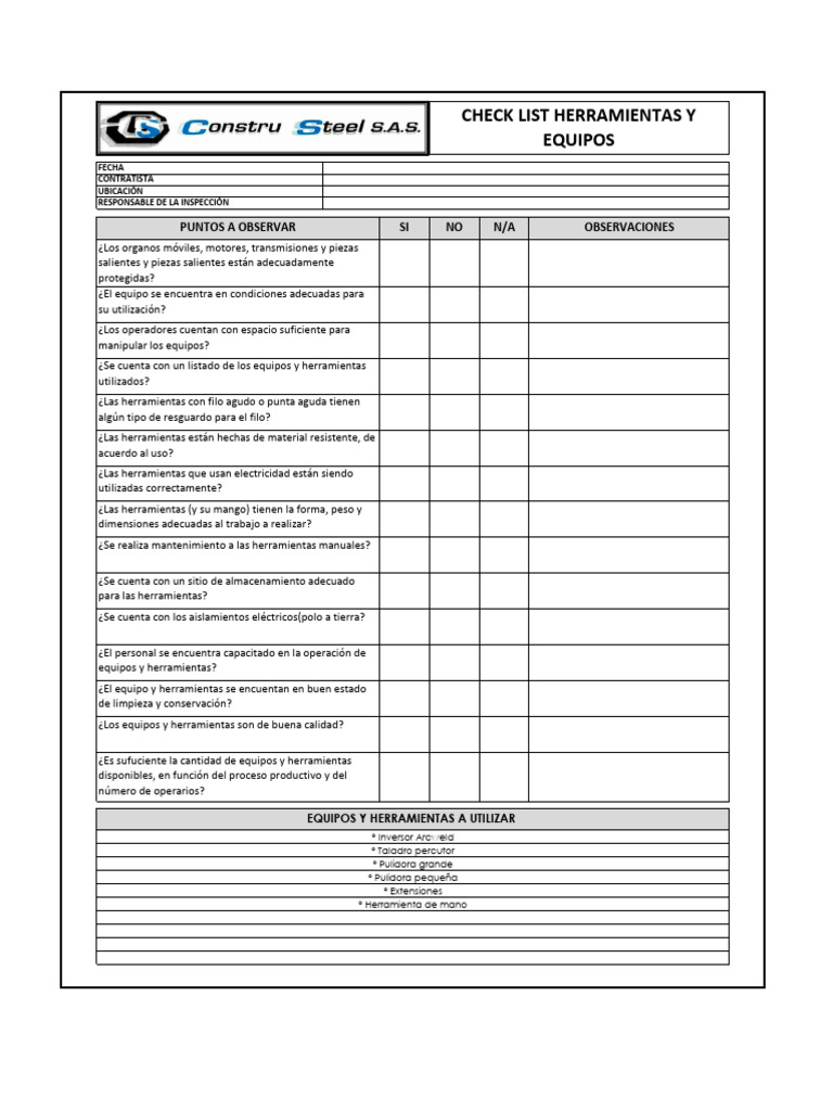 Checklist de Seguridad para Herramientas y Equipos | PDF