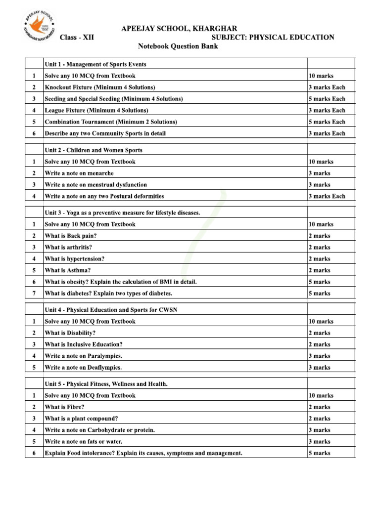 GR 12 PE Notebook Question Bank | PDF