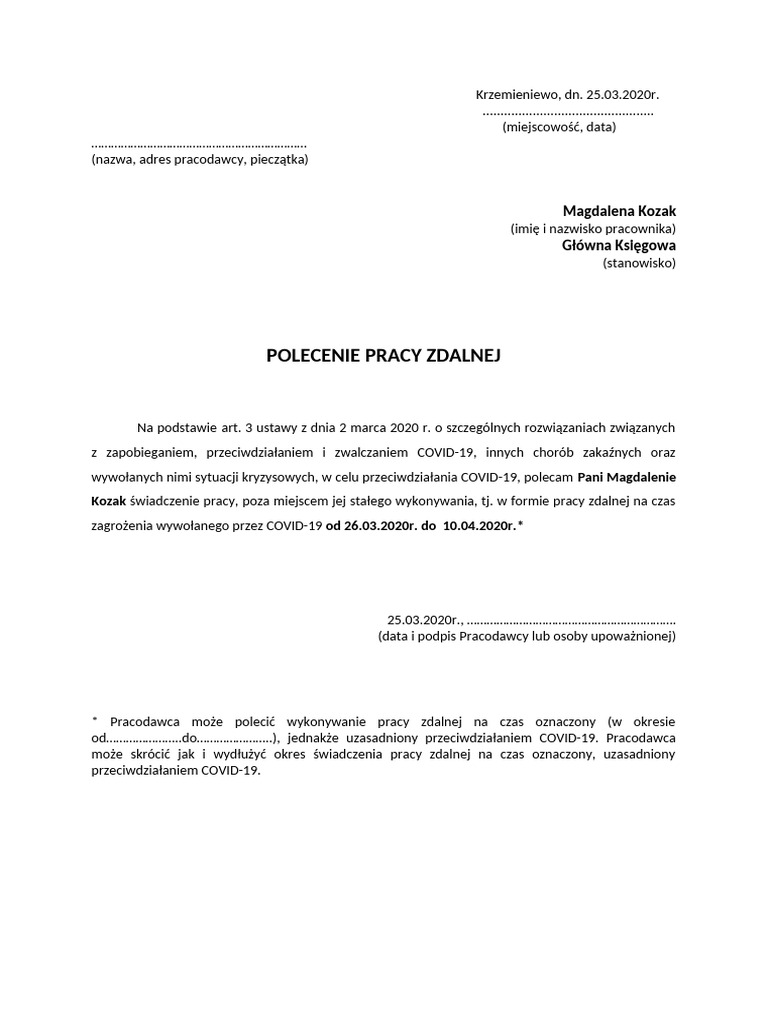 Polecenie Pracy Zdalnej Wzor Zrodlo Inforpl 12612889 | PDF
