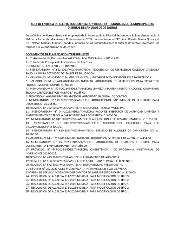 ACTA DE ENTREGA DE ACERVO DOCUMENTARIO Y BIENES PATRIMONIALES DE LA ...