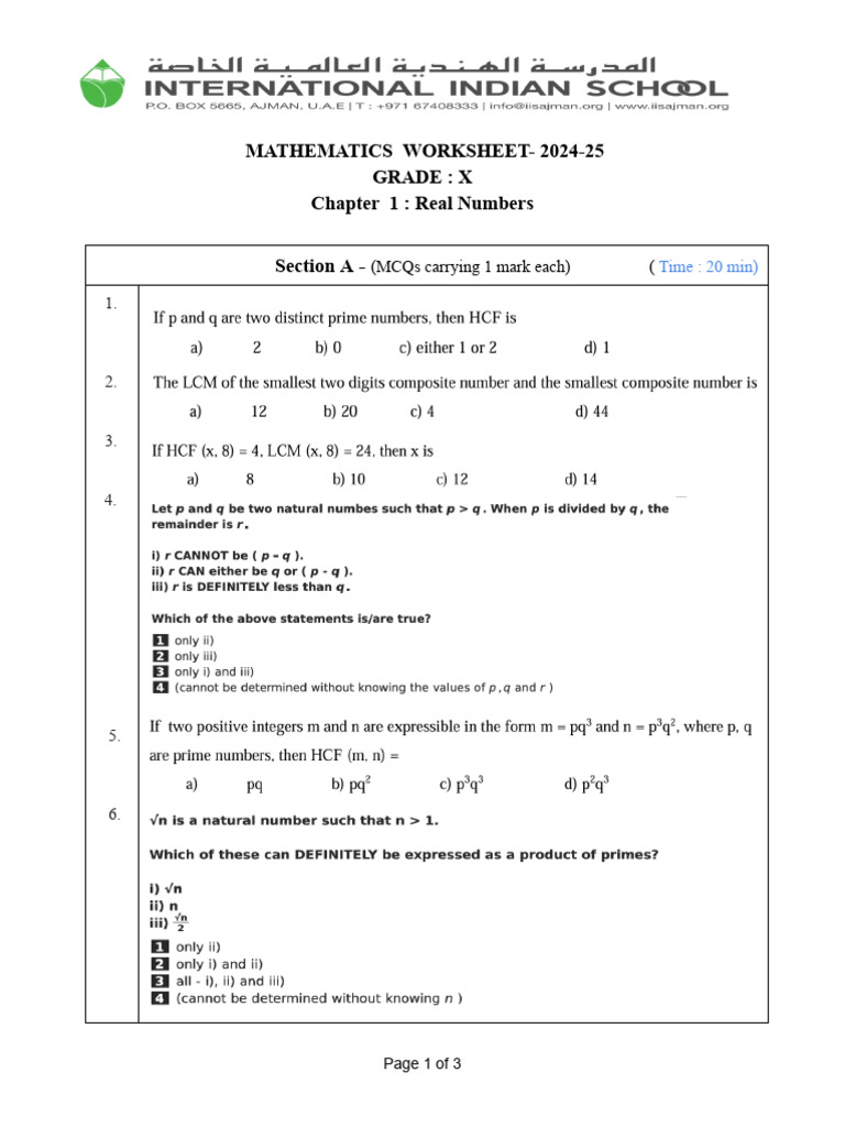 G10-WS-CH1-Real Numbers-2024-25 | PDF | Abstract Algebra | Mathematical Concepts