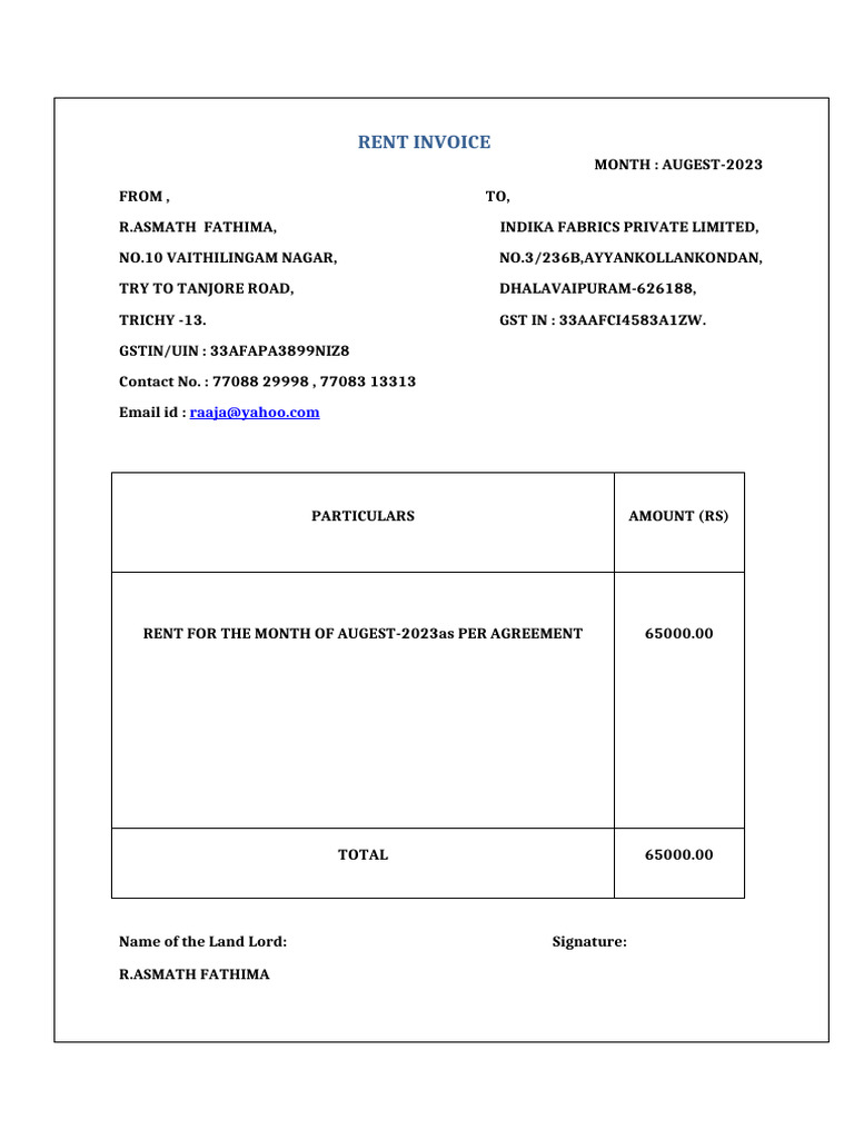 Rent Invoice Aug 23 | PDF