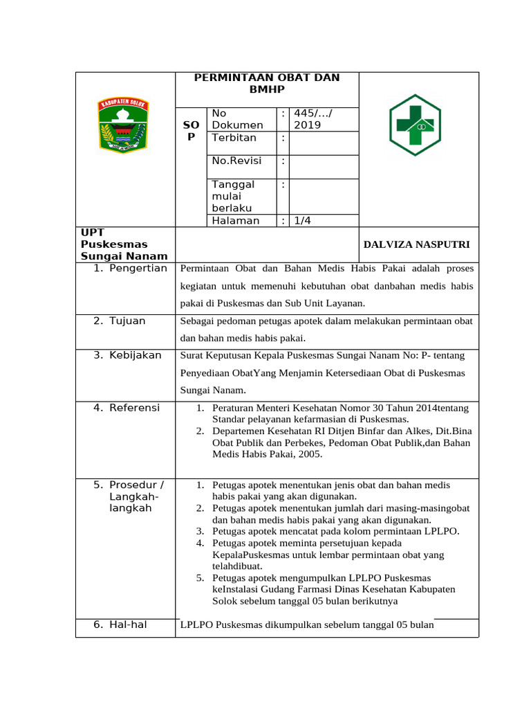 Sop Penerimaan Obat Dan BMHP | PDF