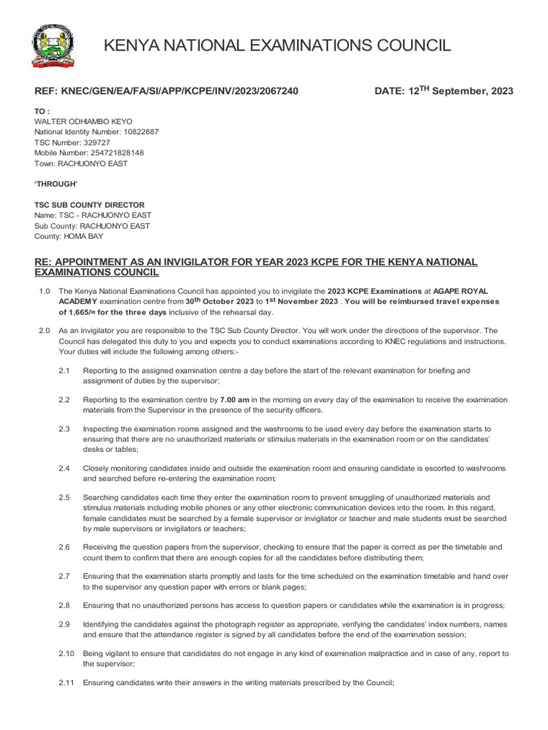 Kenya National Examinations Council: DATE: 12 September, 2023 REF: KNEC/GEN/EA/FA/SI/APP/KCPE ...