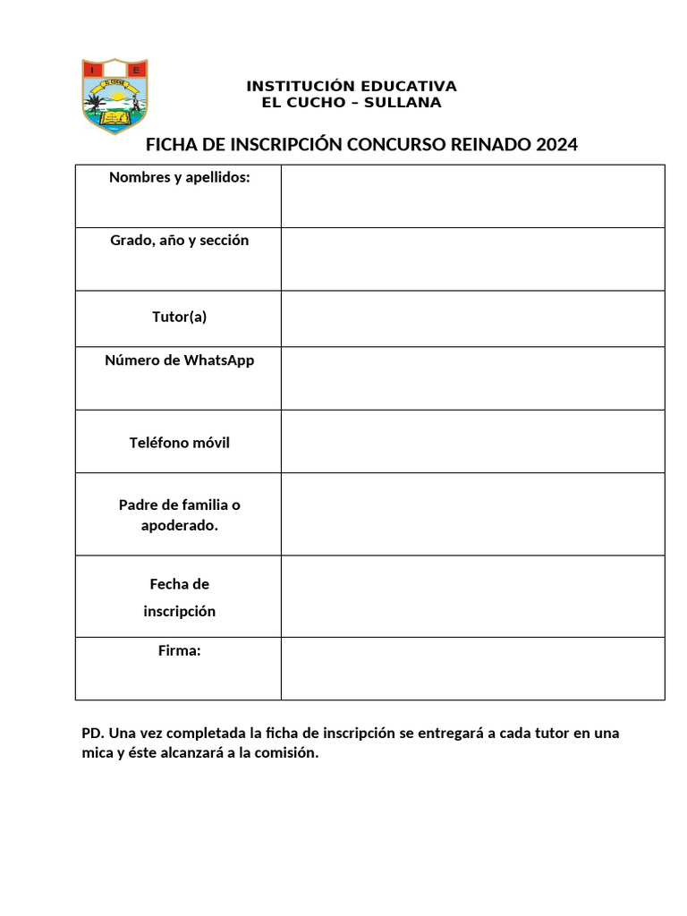 Ficha De Inscripción Reinado Escolar 2024 Pdf