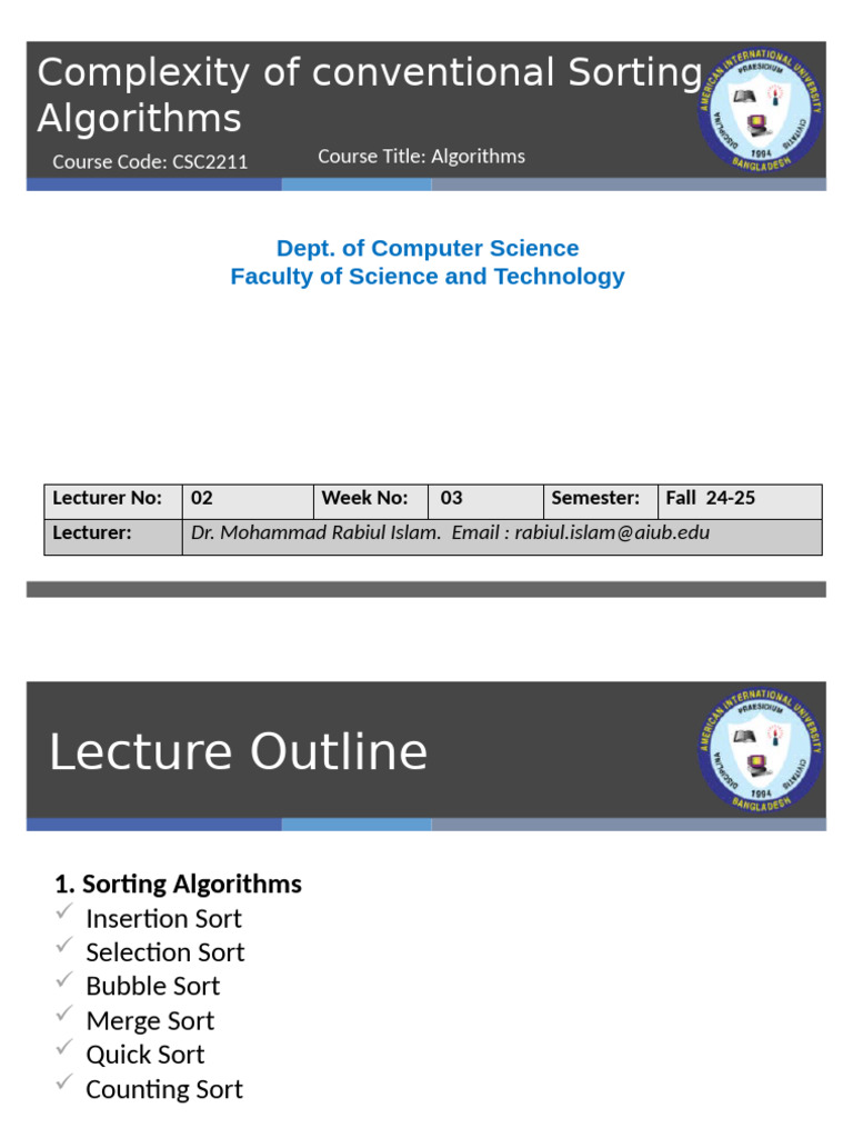 Lecture 2 Insertion, Selection, Bubble Sort Algorithms Fall-24 Upload | PDF | Applied ...