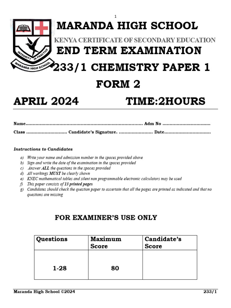 Chemistry Form 2 Exams | PDF | Sodium | Chlorine