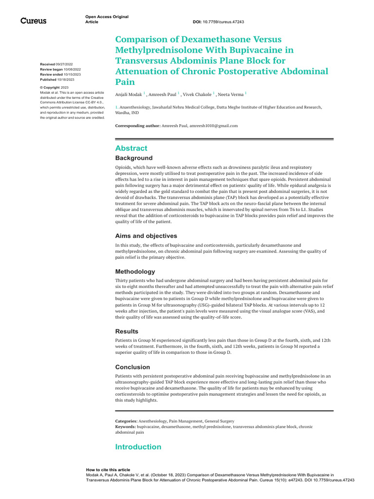 Comparison Of Dexamethasone And Methylprednisolone Pdf Anesthesia 7088