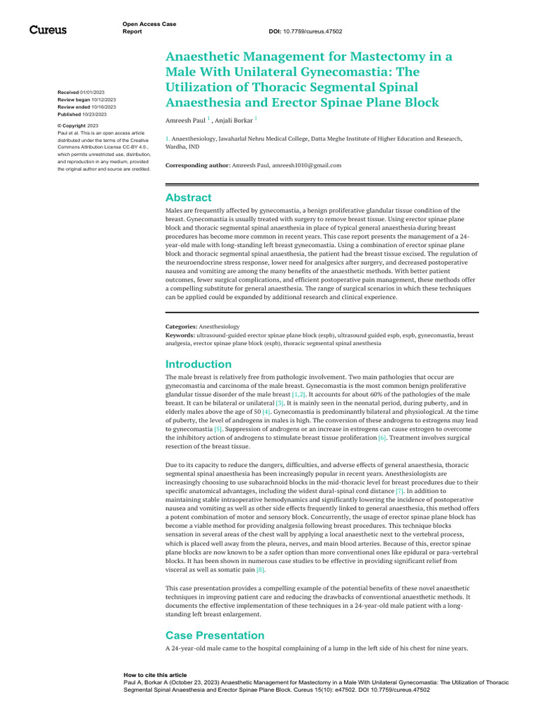 Anaesthetic Management For Mastectomy in A Male With Unilateral ...