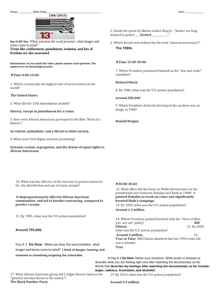 13th Documentary Student Guide | PDF | Incarceration In The United ...