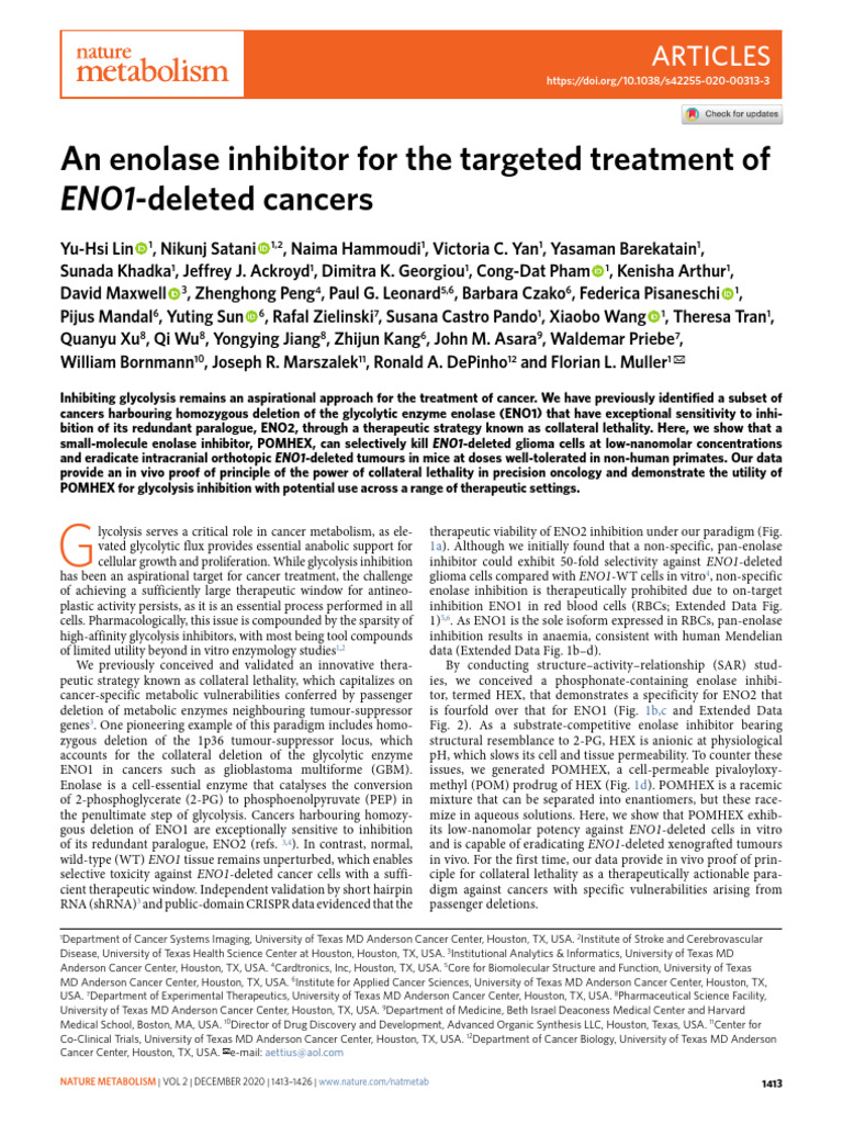An Enolase Inhibitor For The Targeted Treatment of ENO1-deleted Cancers ...