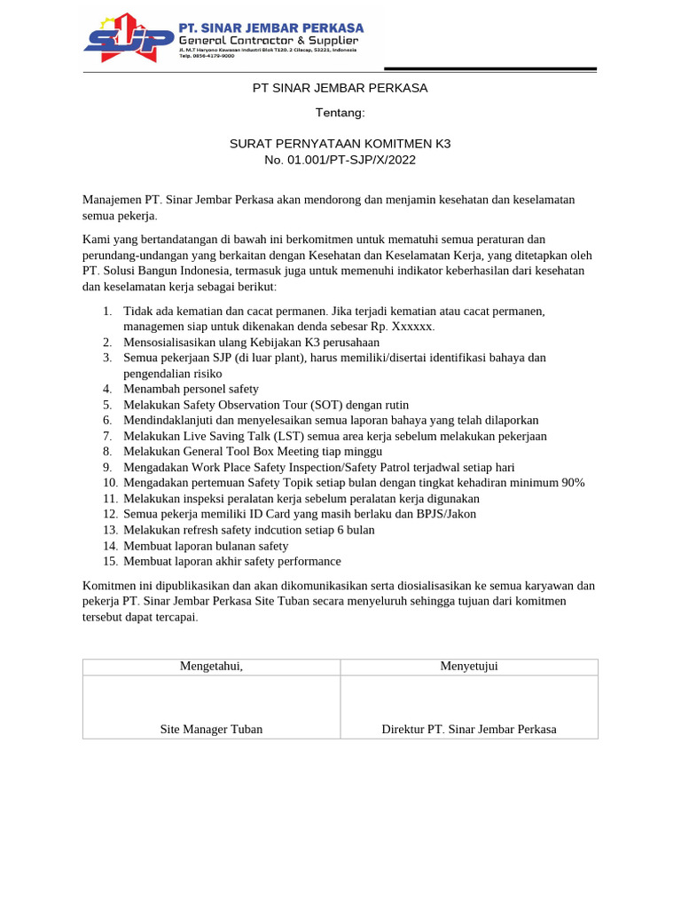 Draft Komitmen Safety PT. Sinar Jembar Perkasa | PDF