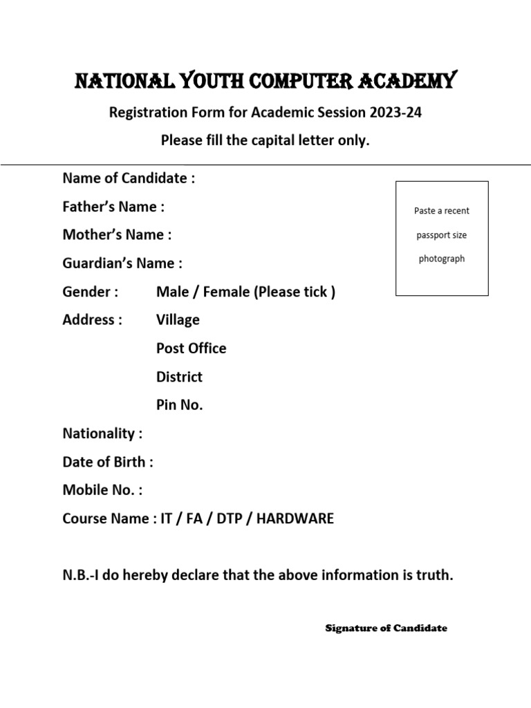 National Youth Computer Academy Registrationform | PDF