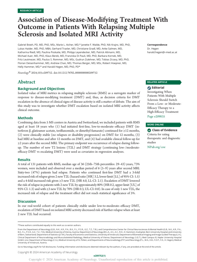 Bsteh Et Al 2024 Association of Disease Modifying Treatment With ...
