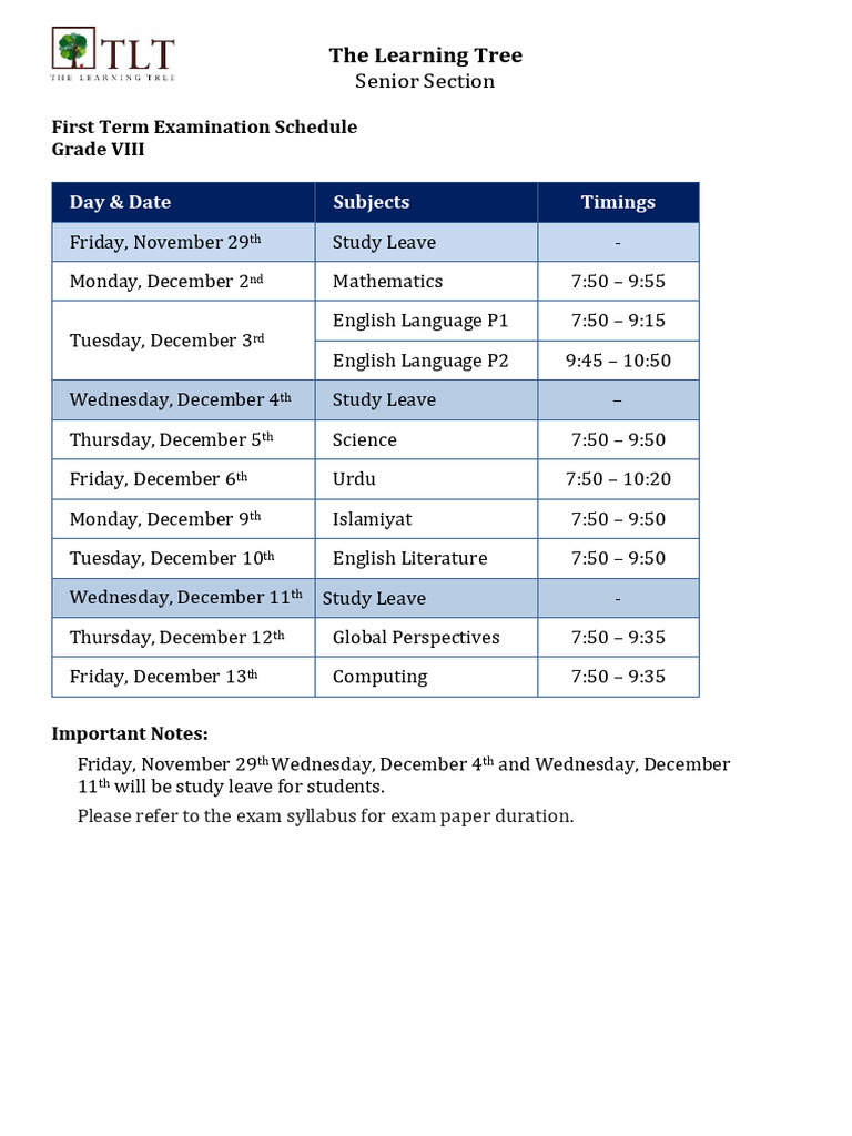 Grade VIII First Term Exam Schedule | PDF | Educational Assessment ...